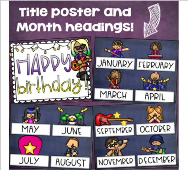 Happy Birthday Bulletin Board Display Posters Rockstar Music Theme ...