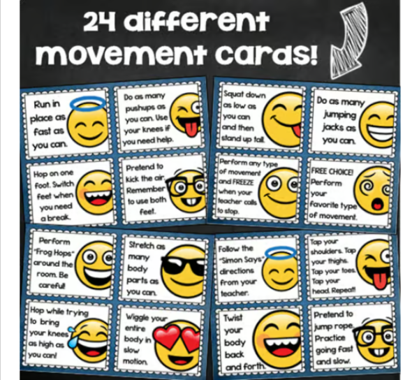 Brain Breaks Movement Cards Emoji Happy Face Theme | Made By Teachers
