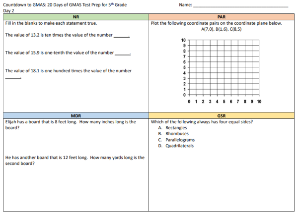 5th Grade Math Georgia GMAS Test Prep...20 days prep for the Milestones ...