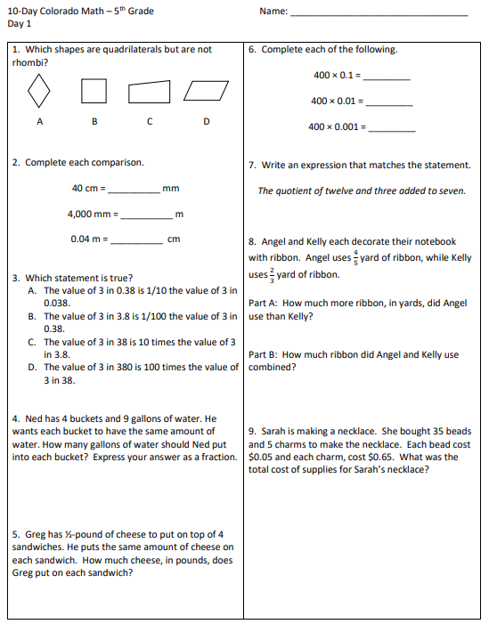 5th Grade Illinois IAR Math Test Prep/Standards Review - 10 Days of ...
