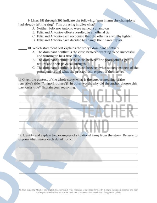 "Amigo Brothers" by Piri Thomas Close Reading Analysis Worksheet - Made ...