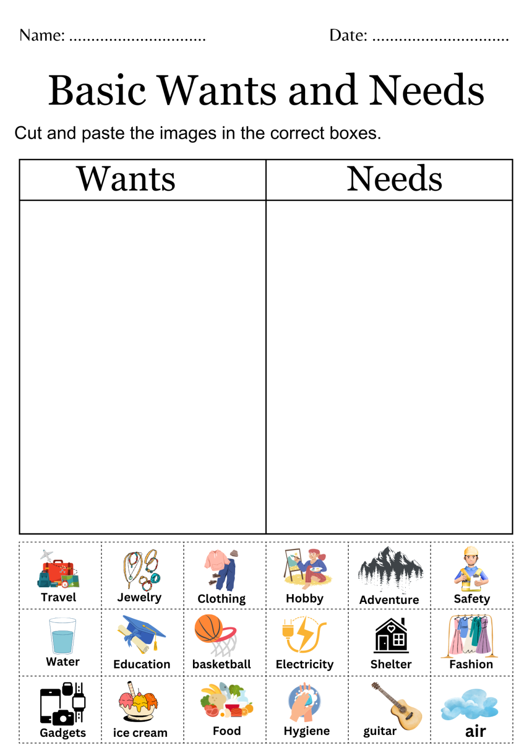 Printable identifying needs and wants worksheet - basic needs vs wants ...