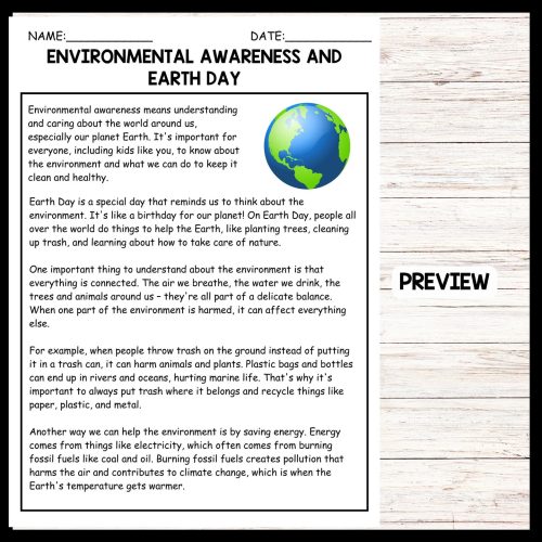 Earth Day Reading Comprehension Activity About "ENVIRONMENTAL AWARENESS ...