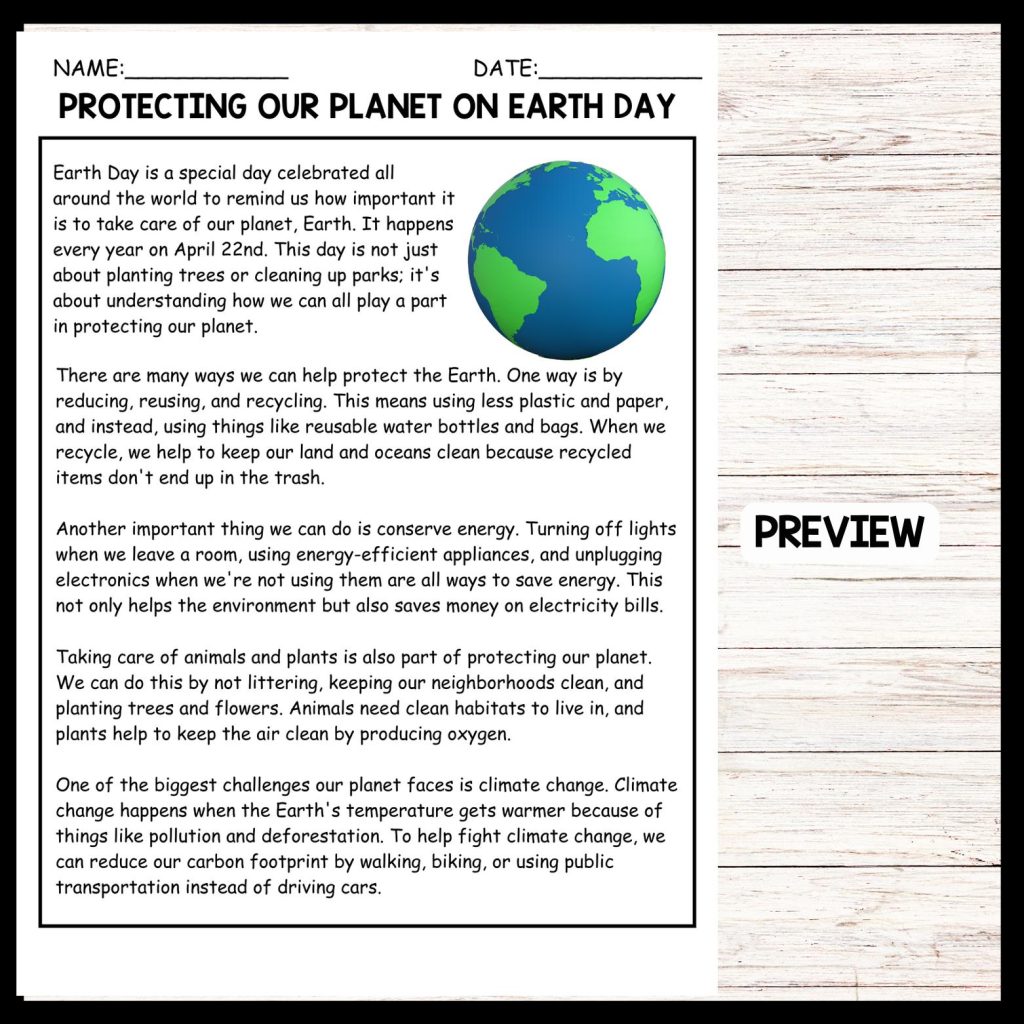 Earth Day Reading Comprehension Activity About "PROTECTING OUR PLANET ...