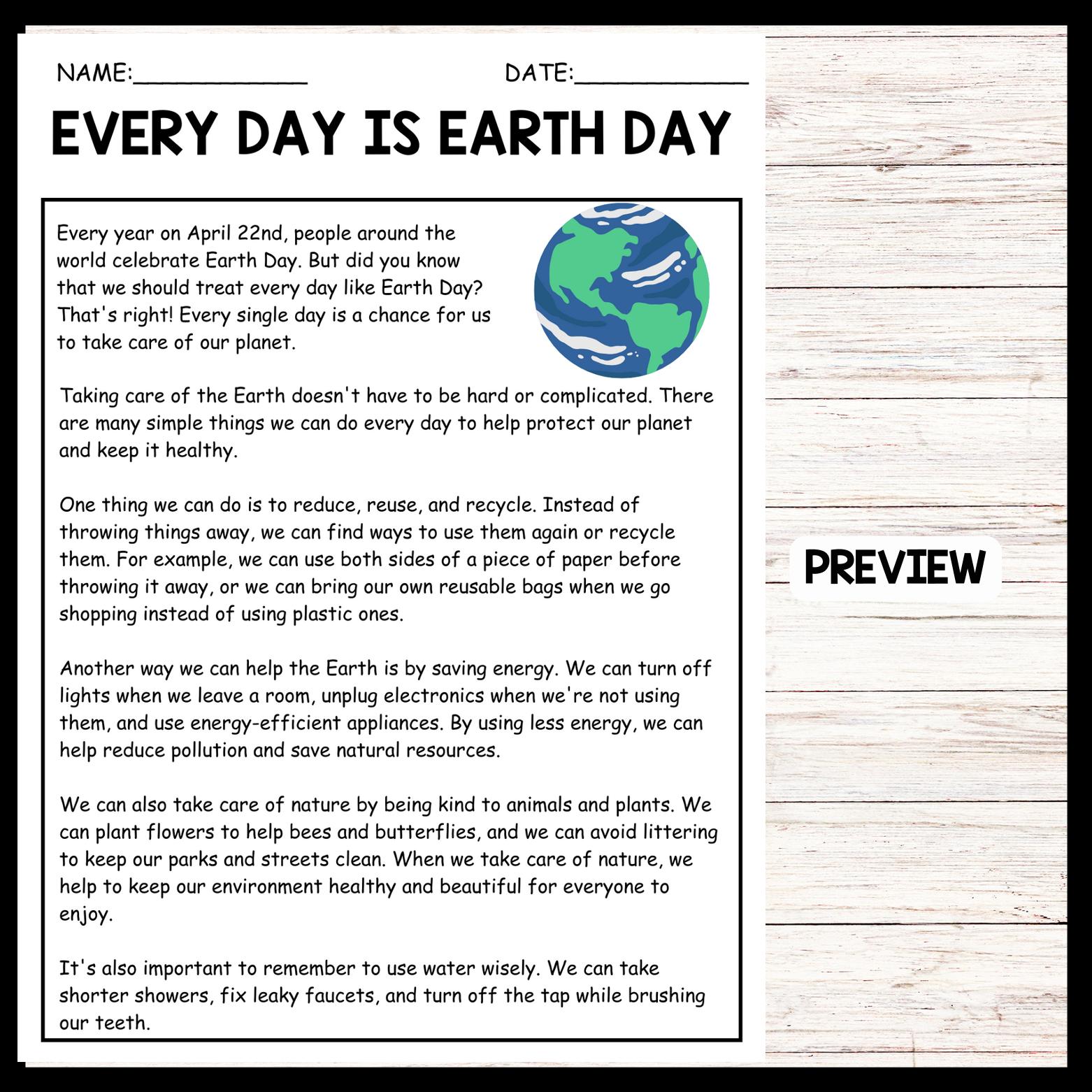 Earth Day Reading Comprehension Activity About "EVERY DAY IS EARTH DAY ...