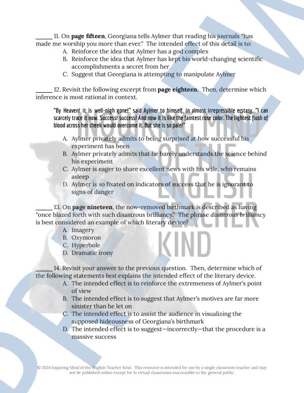 "The Birthmark" by Nathaniel Hawthorne Close Reading Analysis Worksheet ...