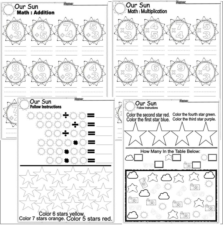 SUN Theme Math Adding Subtracting Counting Graph NO PREP Worksheets ...