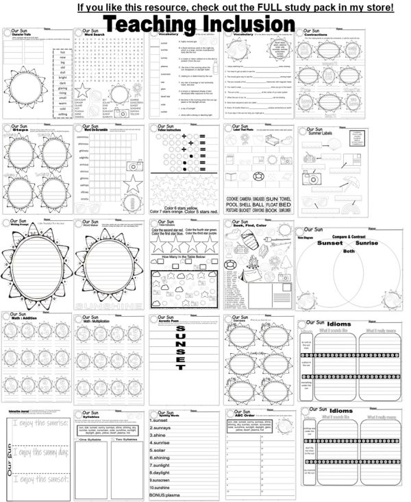 SUN Theme Math Adding Subtracting Counting Graph NO PREP Worksheets ...