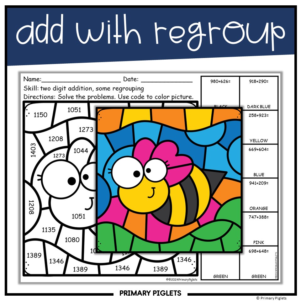 Spring Summer 3 Digit Addition Subtraction Regrouping Color by Number ...