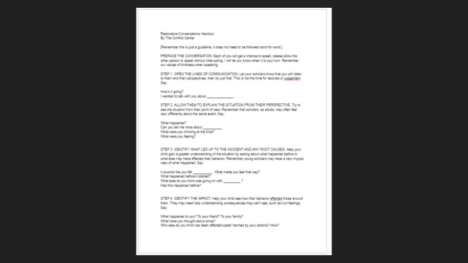 Restorative Conversations Professional Development Scenarios - Handout ...