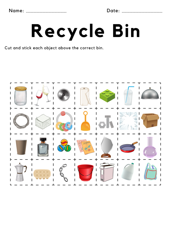 Recycle bin sort activity worksheet for kindergarten - Made By Teachers
