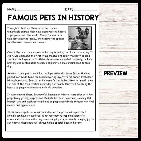 "FAMOUS PETS IN HISTORY" NATIONAL PET DAY Reading Comprehension ...
