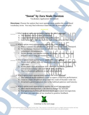 "Sweat" by Zora Neale Hurston Vocabulary Games for High School | Made ...