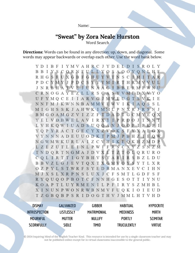 "Sweat" by Zora Neale Hurston Vocabulary Games for High School | Made ...