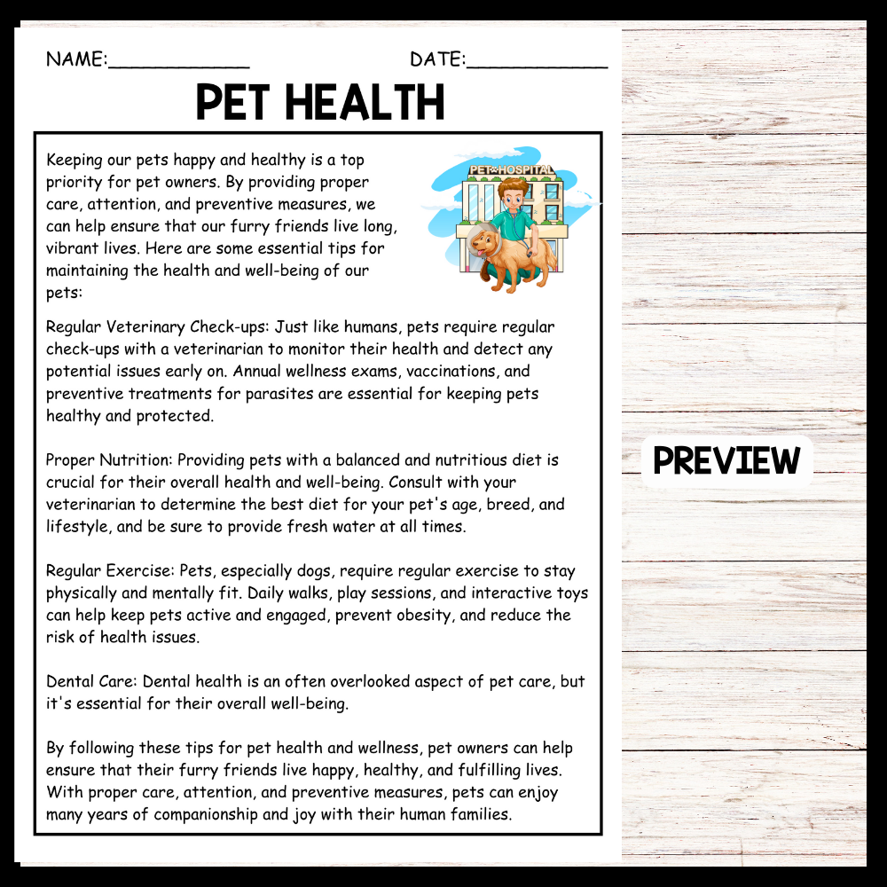 "PET HEALTH" NATIONAL PET DAY Reading Comprehension Worksheets | Made ...