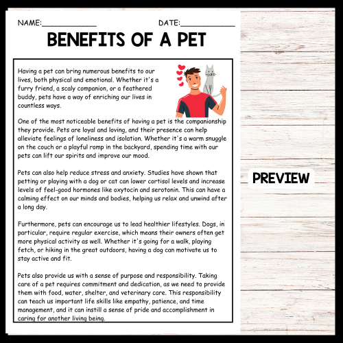 "BENEFITS OF A PET" NATIONAL PET DAY Reading Comprehension Worksheets ...