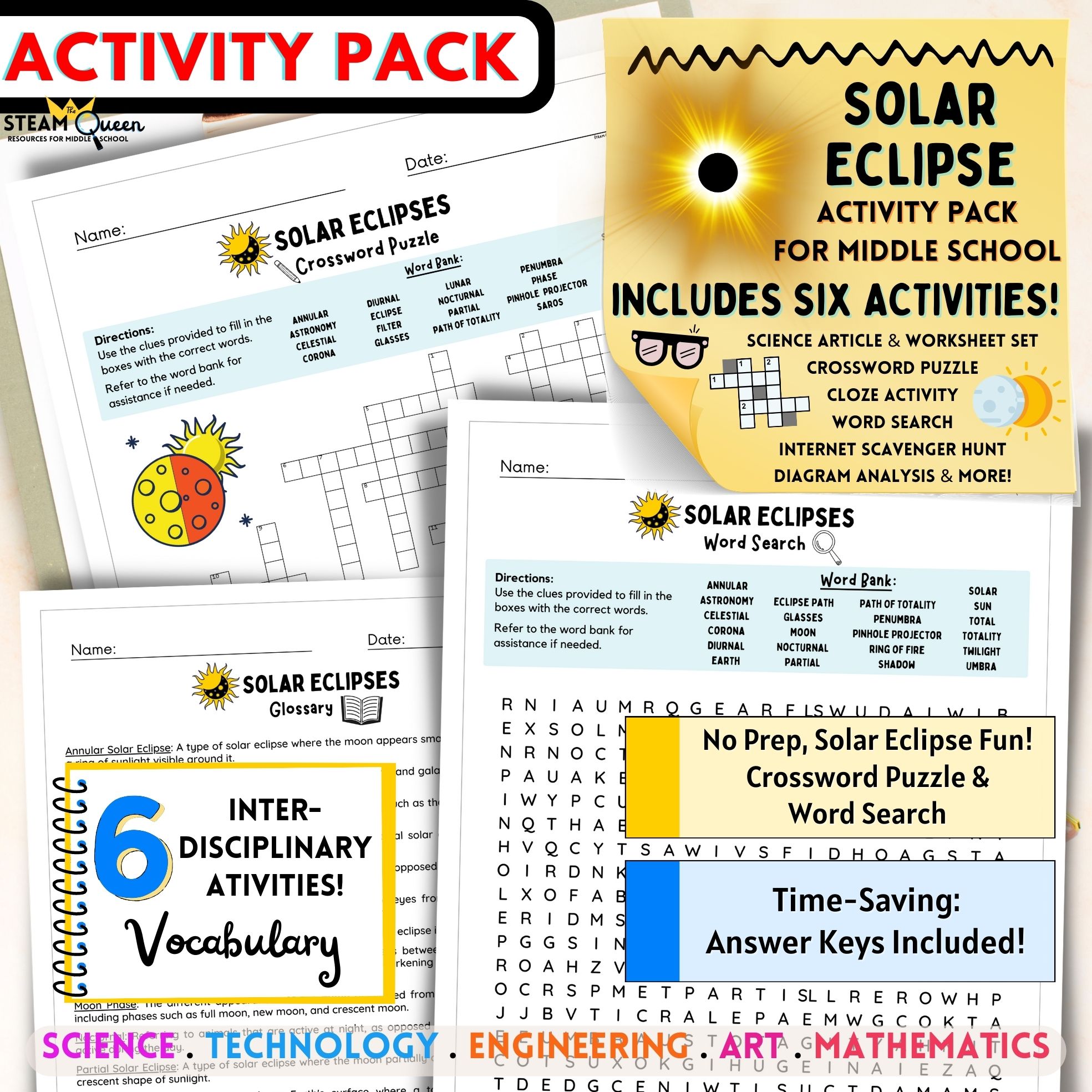 Solar Eclipse 2024! SIX Activities! Crossword Article Set Scavenger ...