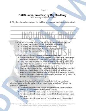 "All Summer in a Day" by Ray Bradbury Close Reading Analysis Worksheet ...