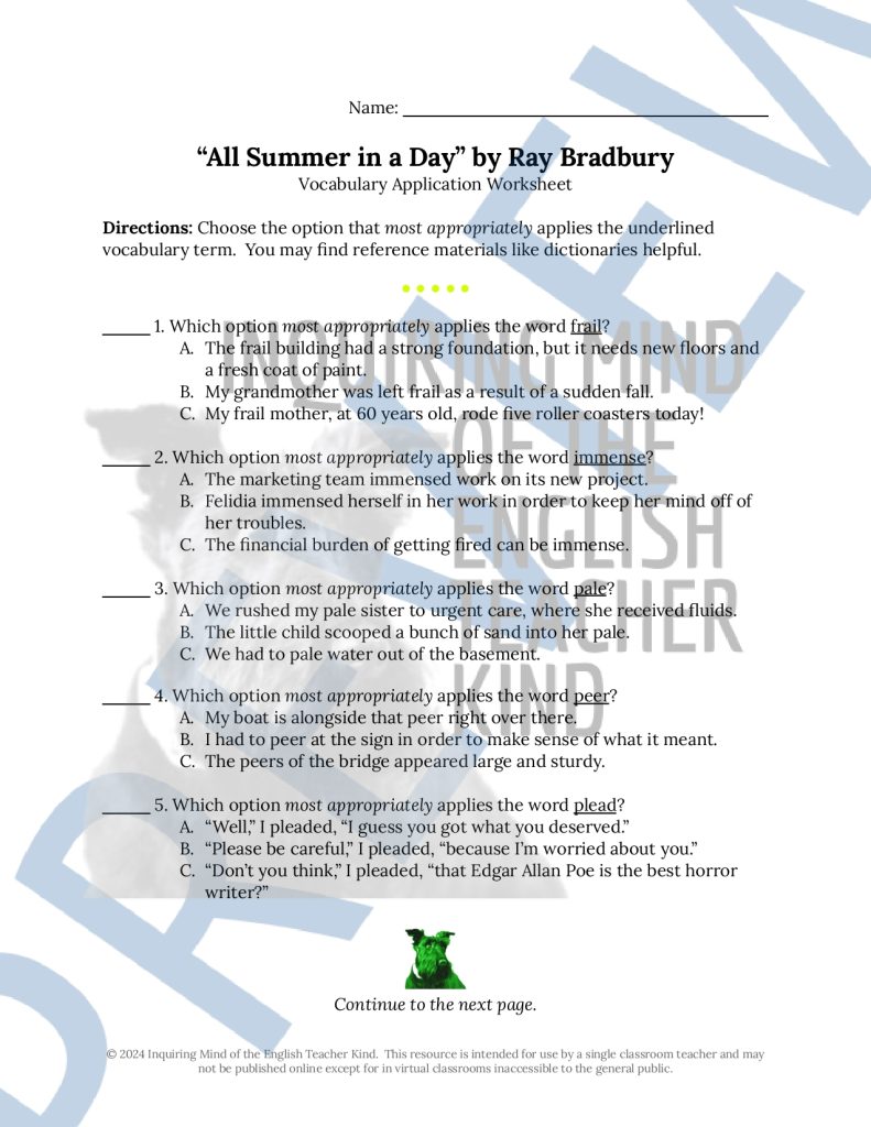 "All Summer in a Day" by Ray Bradbury Quiz, Close Reading, and ...