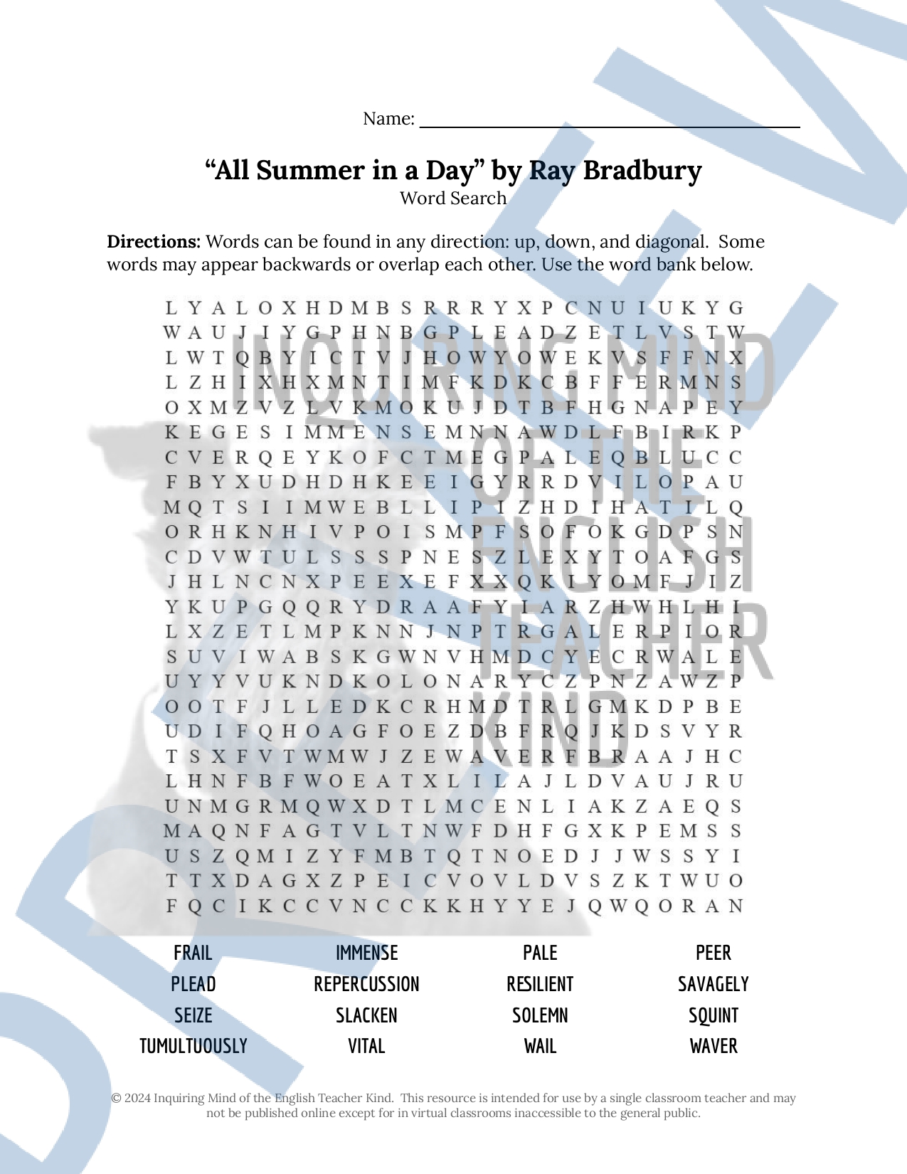 "All Summer in a Day" by Ray Bradbury Quiz, Close Reading, and ...