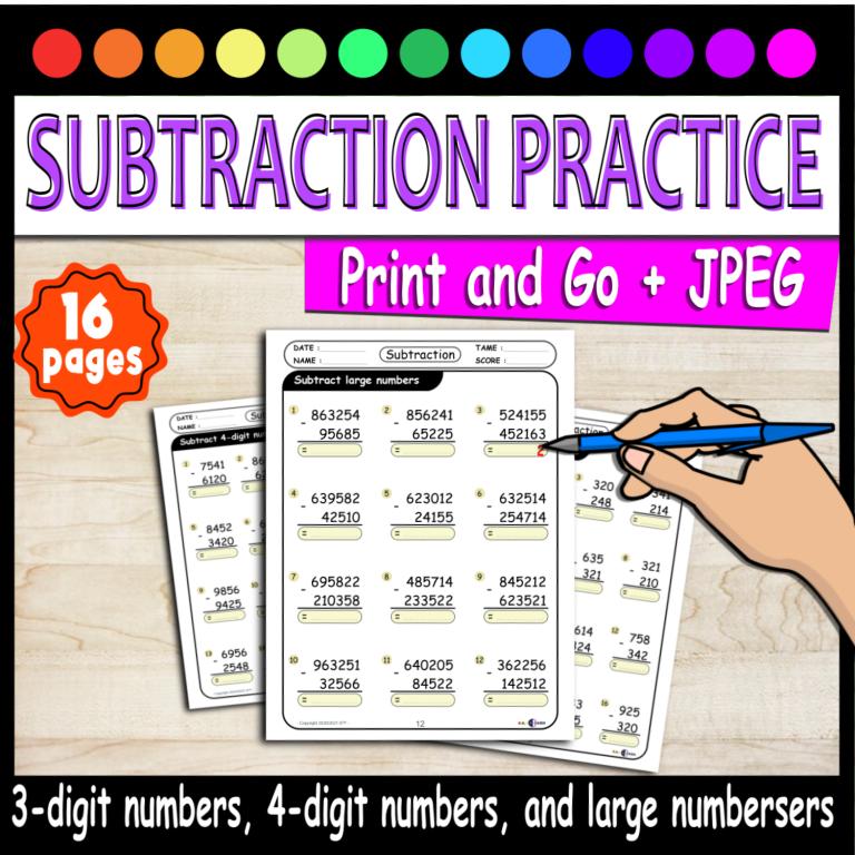 Subtraction Worksheets Subtract 3-digit numbers, 4-digit numbers, and ...