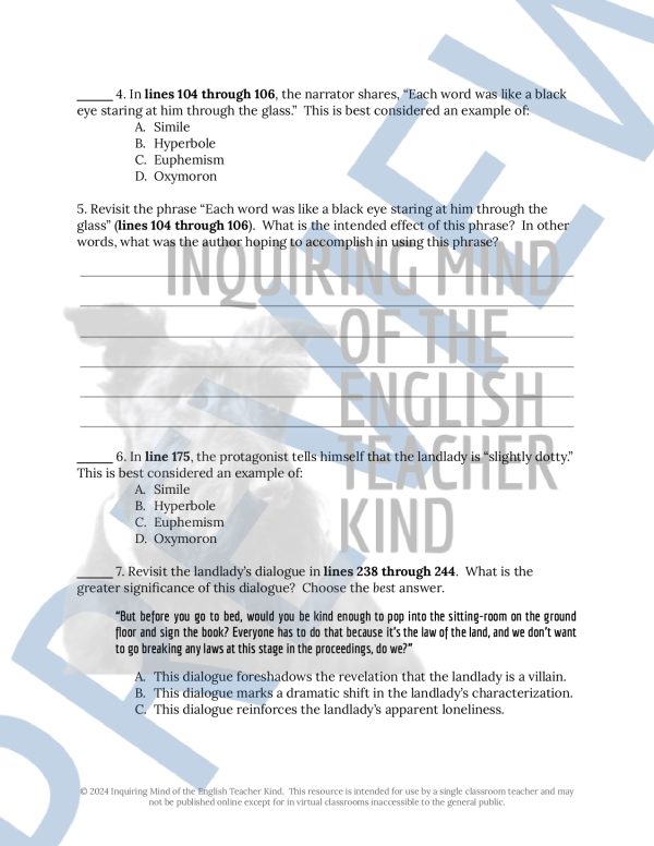 "The Landlady" by Roald Dahl Close Reading Analysis Worksheet for High ...