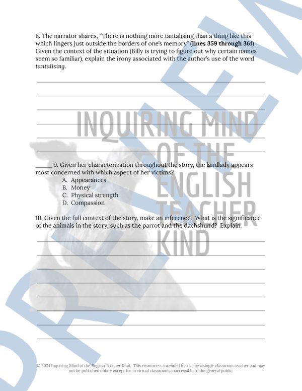 "The Landlady" by Roald Dahl Close Reading Analysis Worksheet for High ...