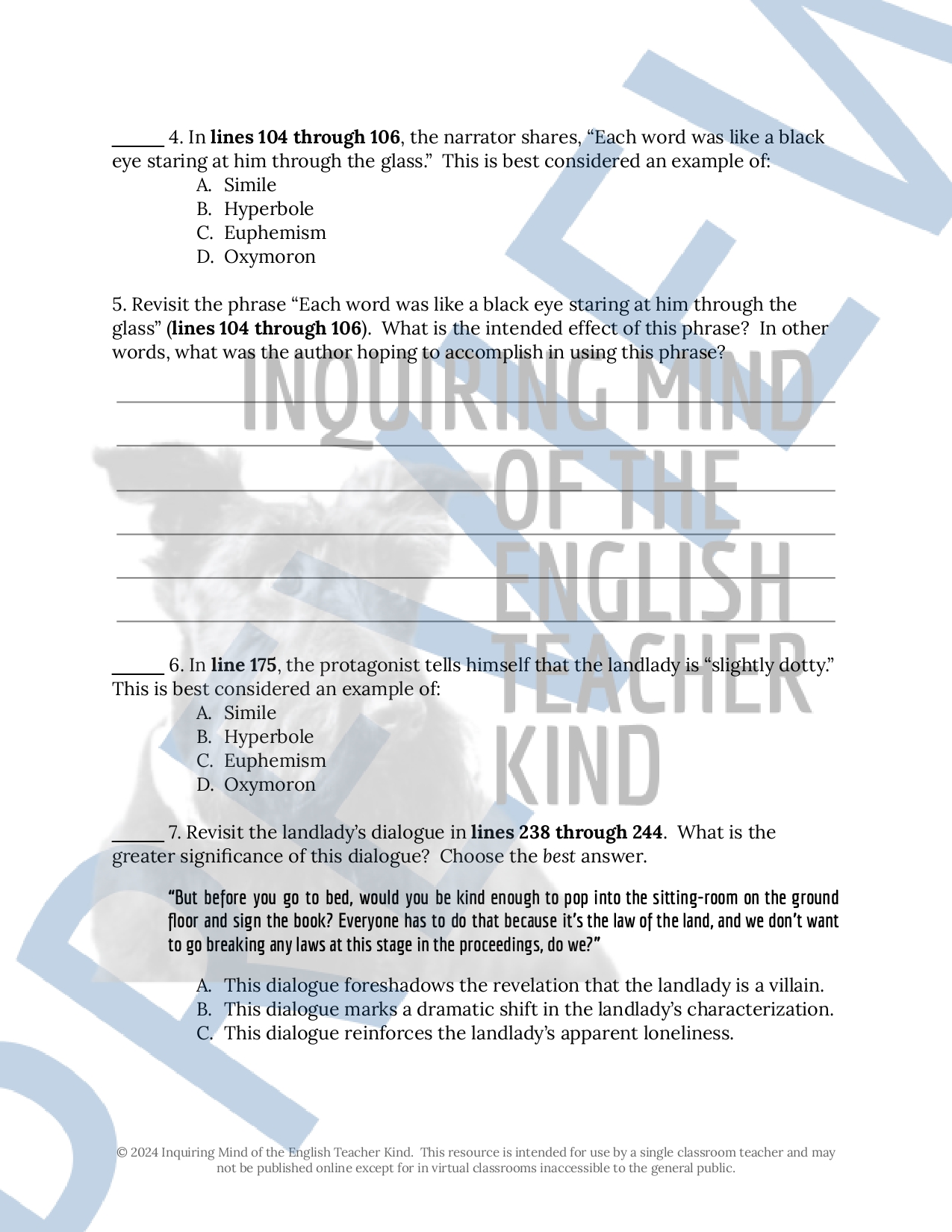 "The Landlady" by Roald Dahl Quiz, Close Reading, and Vocabulary Games ...