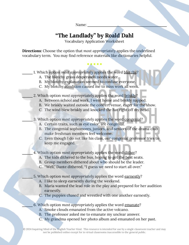 "The Landlady" by Roald Dahl Quiz, Close Reading, and Vocabulary Games ...
