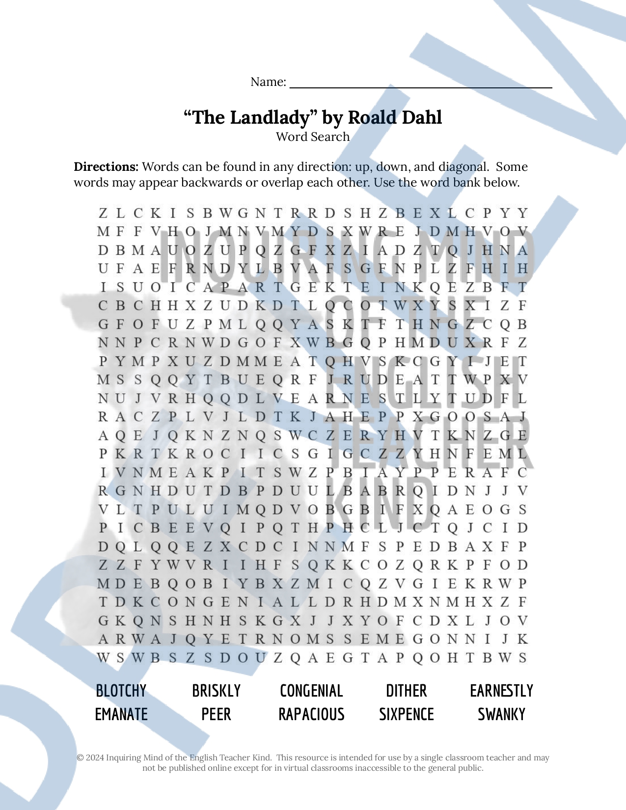 "The Landlady" by Roald Dahl Quiz, Close Reading, and Vocabulary Games ...