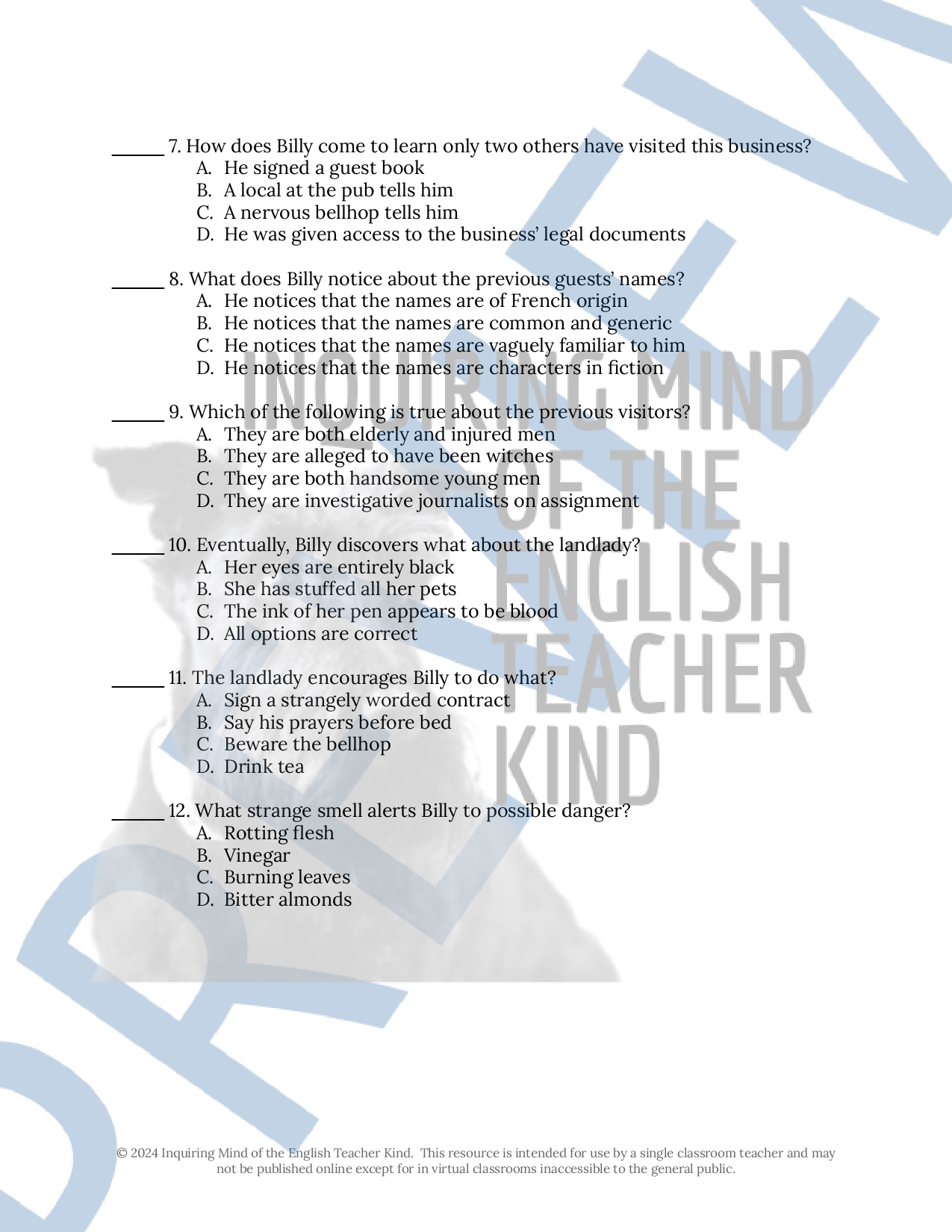 "The Landlady" by Roald Dahl Quiz, Close Reading, and Vocabulary Games ...