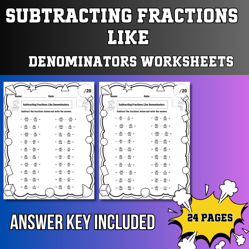 Subtract Fractions Worksheets for 5th & 6th Grade- Like Denominators ...
