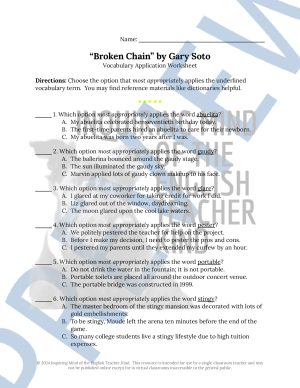 "Broken Chain" by Gary Soto Vocabulary Games (Crossword Puzzle, Word ...