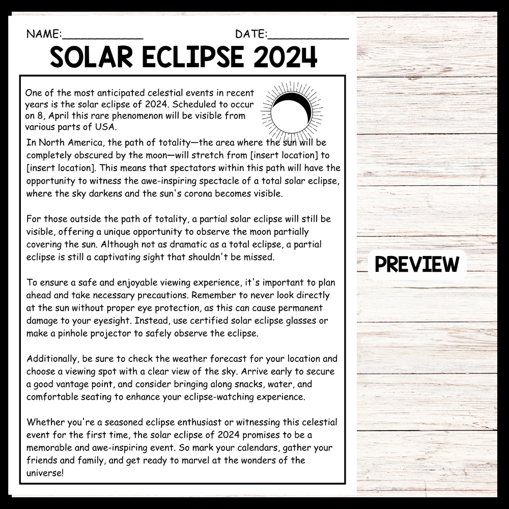 "SOLAR ECLIPSE 2024" SOLAR ECLIPSES Reading Comprehension Worksheets ...