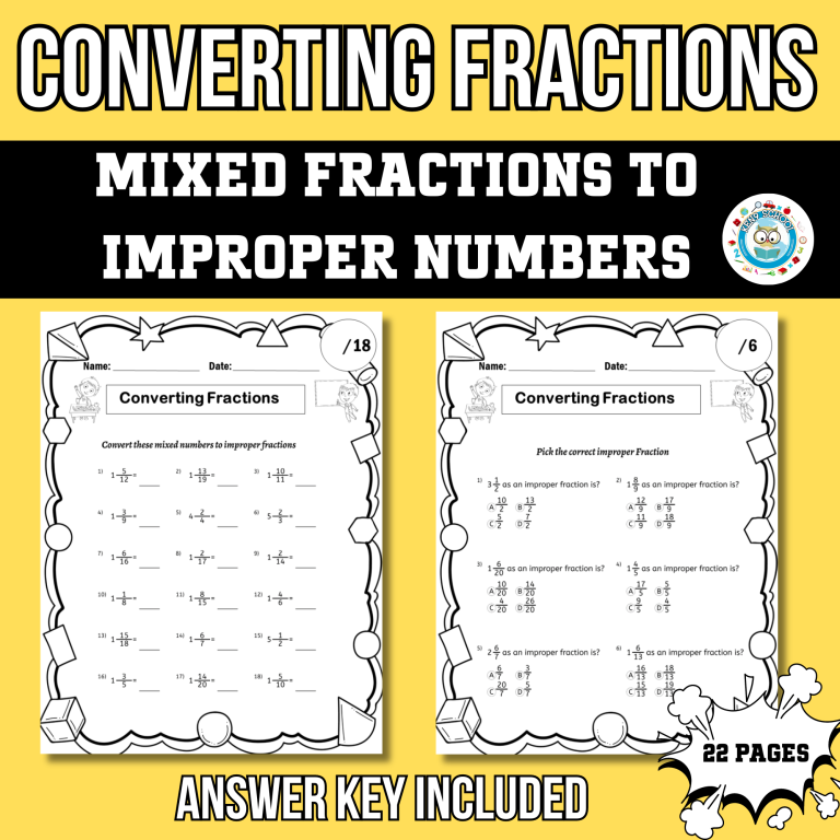 Converting Fractions Mixed Numbers Fractions to Improper Worksheets ...