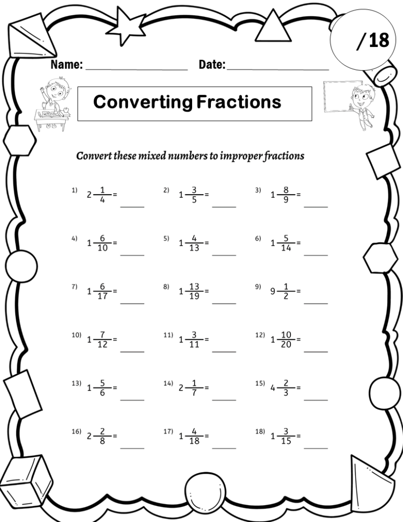 Converting Fractions Mixed Numbers Fractions to Improper Worksheets ...