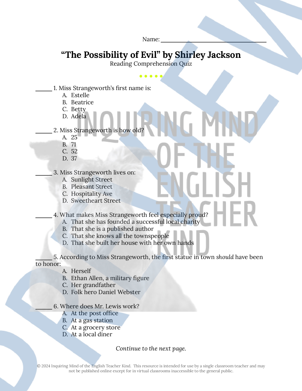 "The Possibility of Evil" by Shirley Jackson Quiz and Answer Key for ...