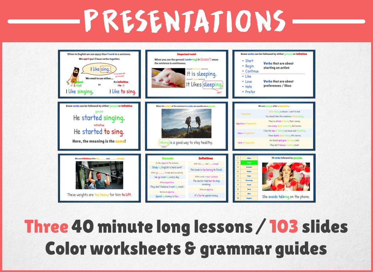 Grammar - Gerunds and Infinitives - Three PowerPoints and Worksheets ...