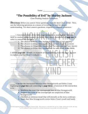 "The Possibility of Evil" Quiz, Close Reading, and Vocabulary Games ...