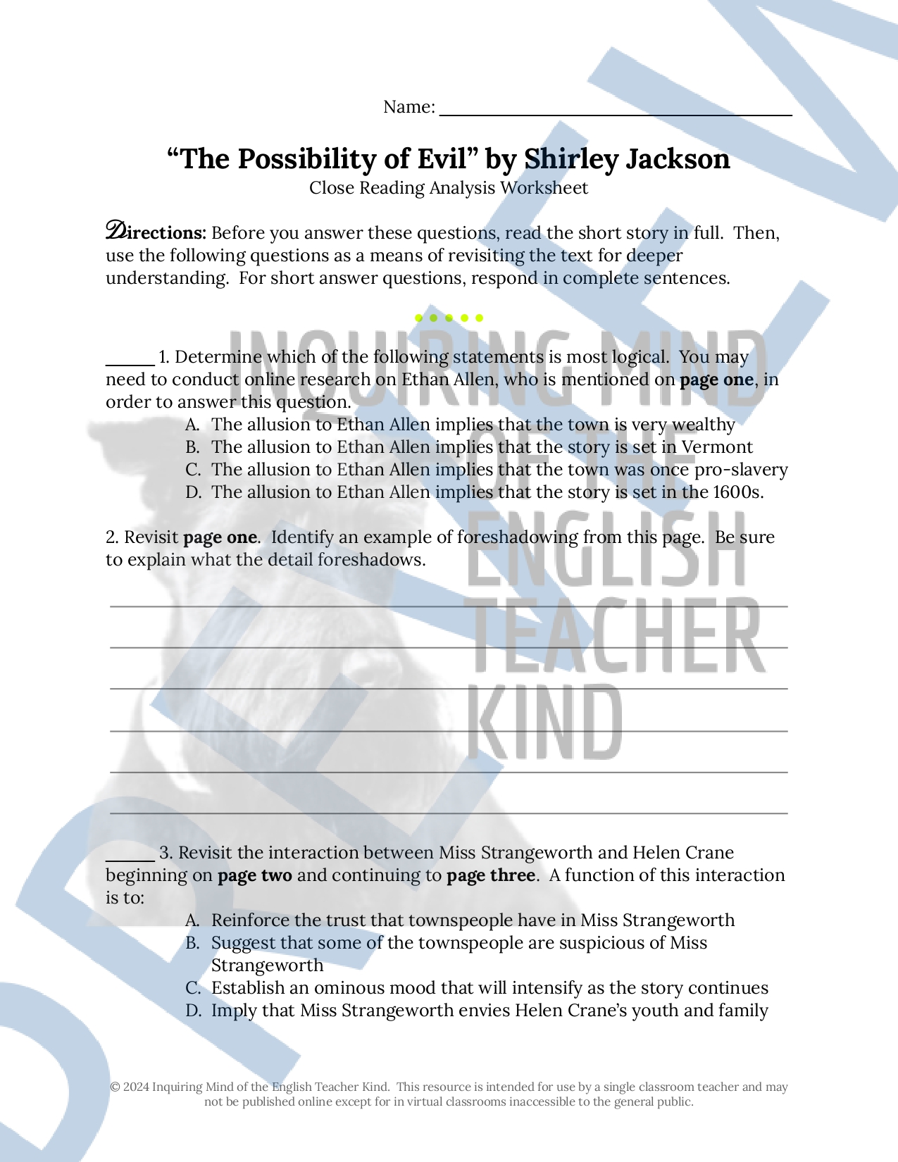"The Possibility of Evil" Quiz, Close Reading, and Vocabulary Games ...