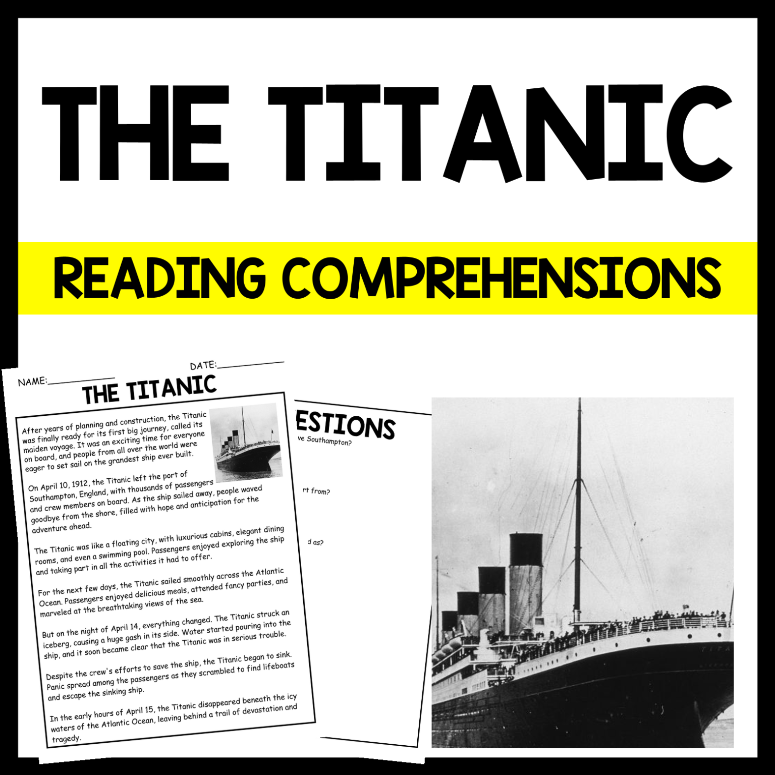 "THE TITANIC" TITANIC DISASTER Reading Comprehension Worksheets - Made ...