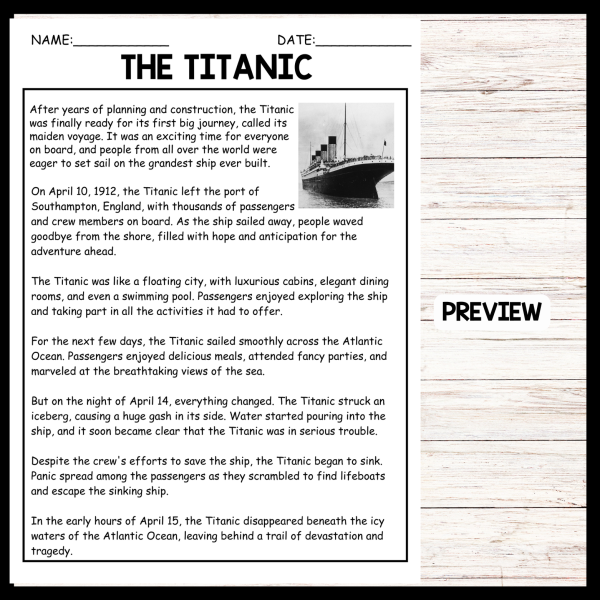 "THE TITANIC" TITANIC DISASTER Reading Comprehension Worksheets - Made ...