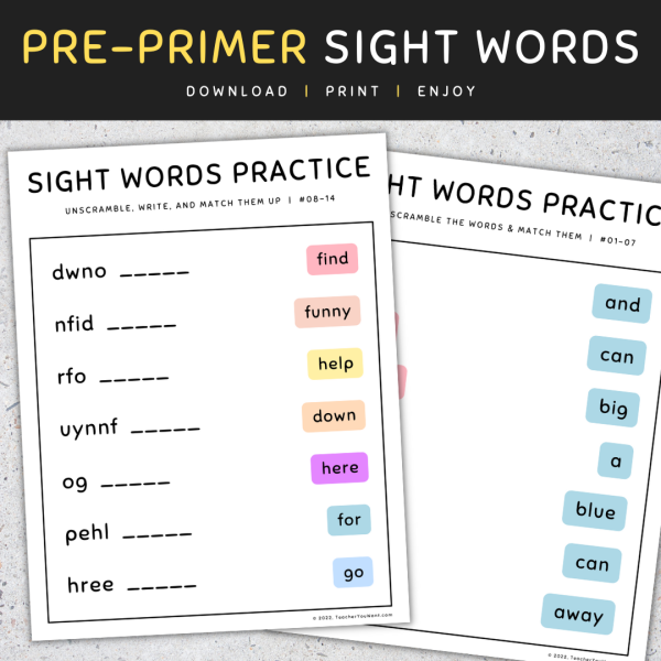 Pre-Primer Sight Words Worksheets Match and Unscramble Activities, Pre ...