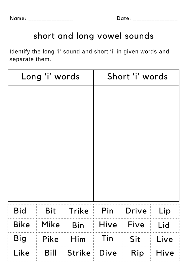 identifying long and short vowel sounds worksheets for kindergarten ...