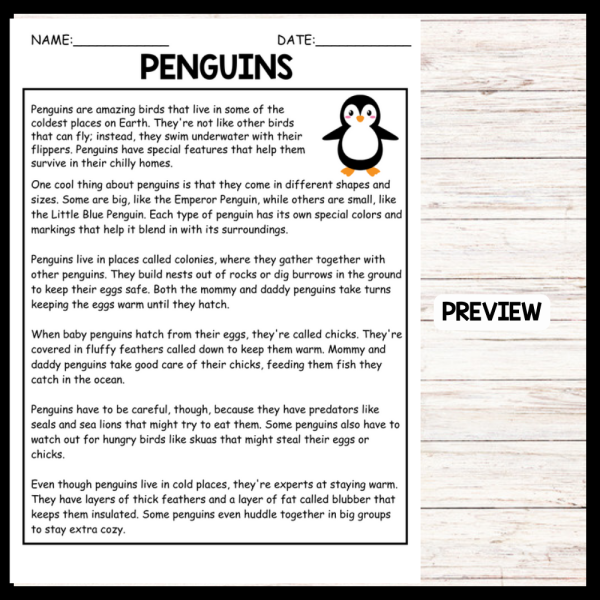 "PENGUINS" PENGUINS Day Reading Comprehension Worksheets - Made By Teachers