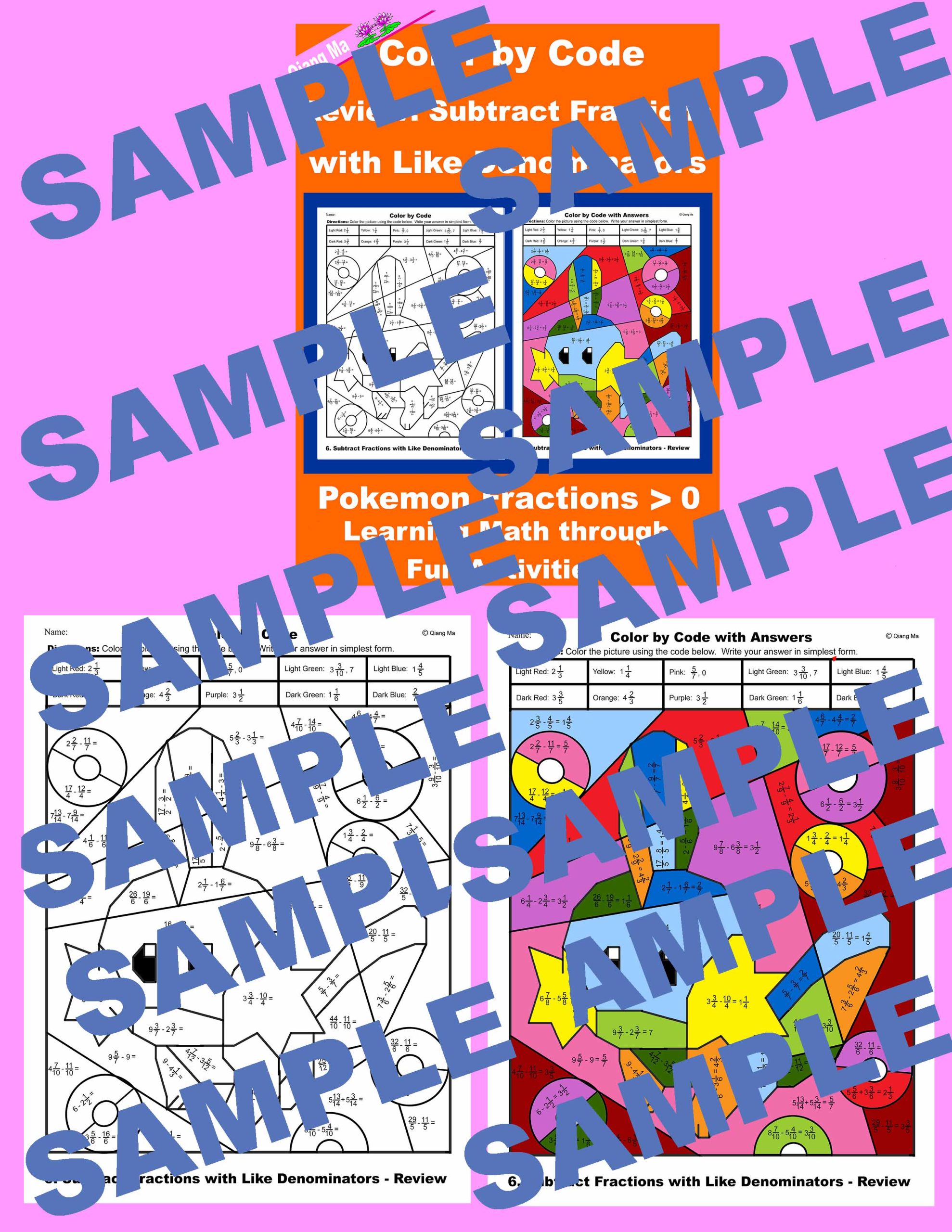 Pokemon Color by Code: Add and Subtract Fractions with Like ...