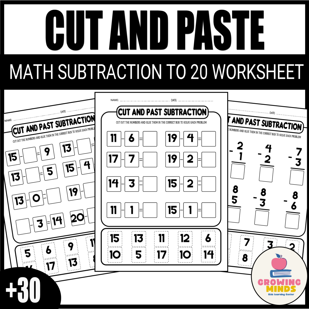Subtraction Cut and Paste to 20 Worksheets-Math centers-Math addition ...