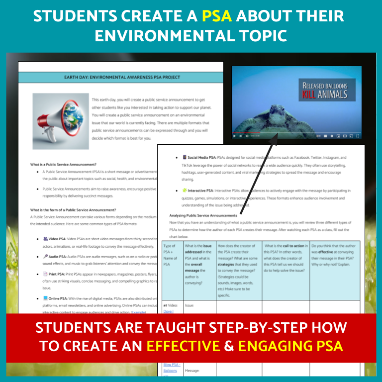Earth Day Research Project with Rubric, Public Service Announcement PSA ...