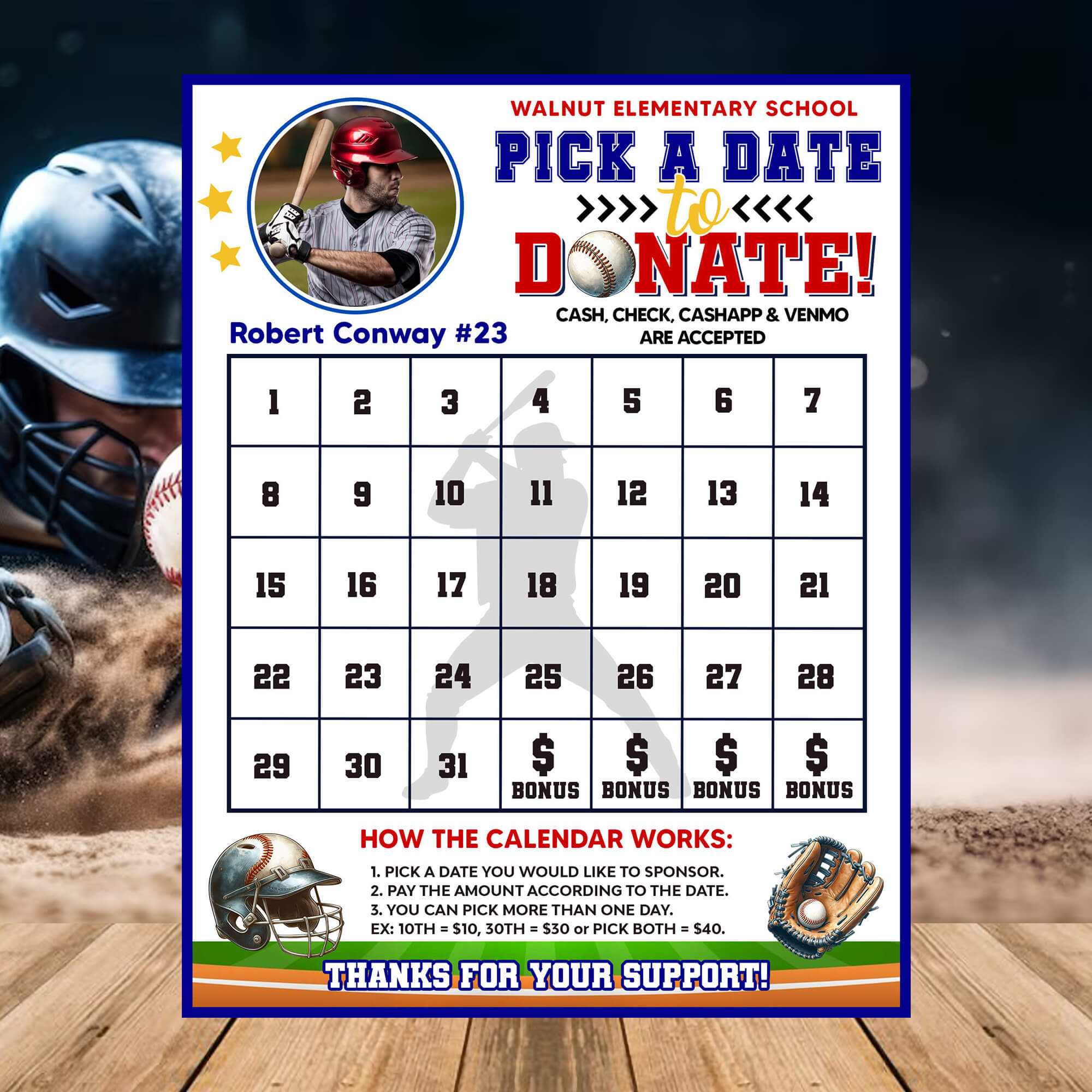 Editable Baseball Fundraising Donation Calendar Template, Baseball Pick ...