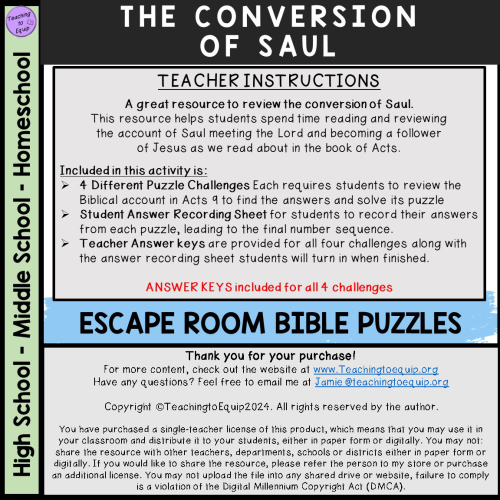 Conversion of Saul in Acts Bible ESCAPE ROOM - Reading & Puzzles ...